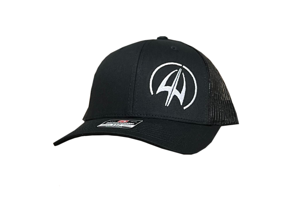 White Symbol Black Trucker Hat – Alpha Customs